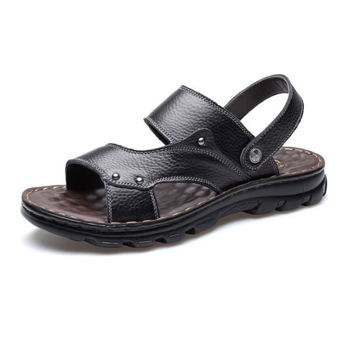 Sandales Homme Cuir Couleur unie Bout ouvert Antidérapant Confortable ...