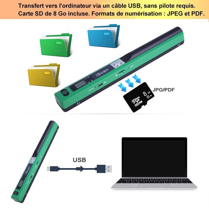 Scanner Portable A4 Sans fil - 300/600/900 DPI, JPG/PDF - Carte SD 8Go ...