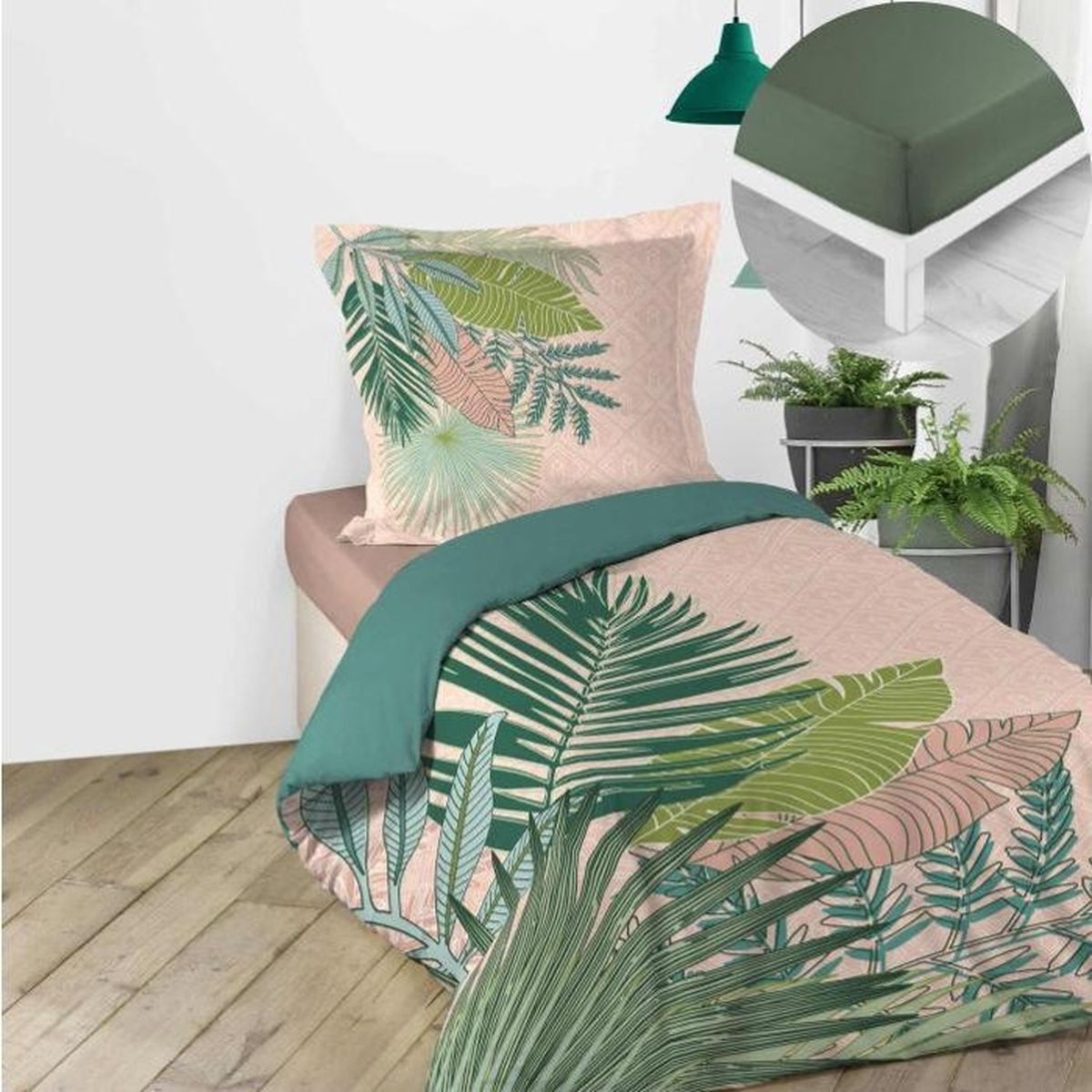 Pack Parure De Couette Enfant 140x200 Cm Rosy Drap Housse 90x190 Kaki