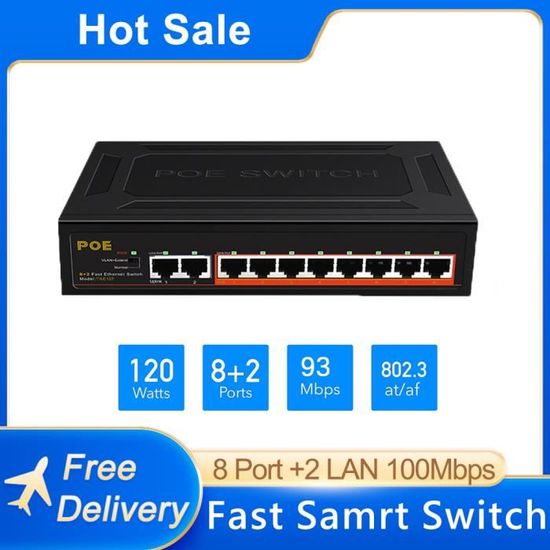 Hub Ethernet POE intelligent, 10 ports, 52V, 93W, RJ45, commutateur ...