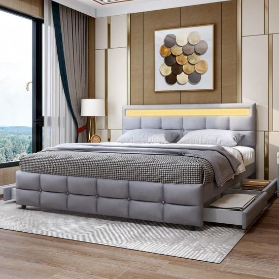 Merax lit double capitonné en velours 180x200cm avec 4 tiroirs, décor ...