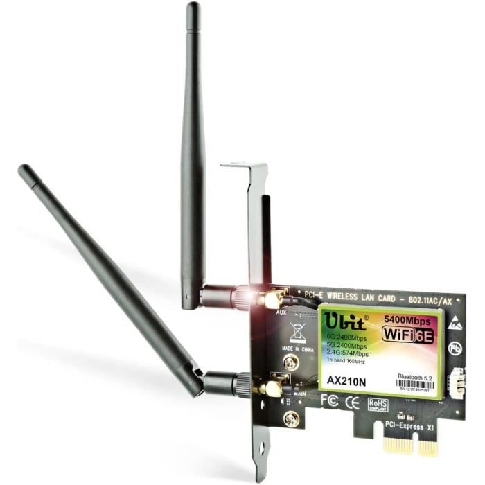 Carte WiFi, AX 5400Mbps PCIe WiFi Bluetooth 2-en-1 Carte WiFi 6 pour PC de Bureau Windows 11-10 ...