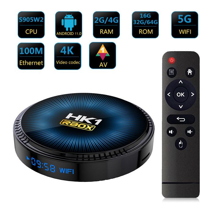 Botier Smart TV HK1 RBOX W2 Android 110 Amlogic S905W2 AV1 lecteur multimdia 4K Wifi double ...