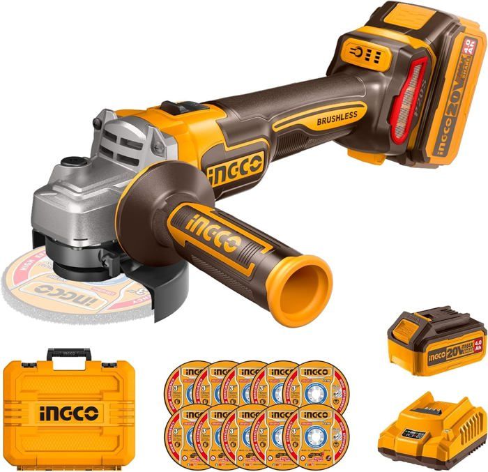 INGCO Meuleuse d'angle Sans Fil 20V, Ø115mm M14, Moteur sans Balais, 9000 tr/min avec 1 Batterie ...