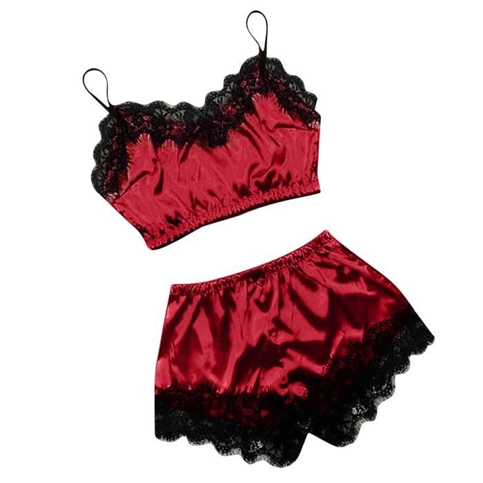 Femmes V-Neck Eyelash Lace Sexy Stain Camisole Pyjamas Bowknot Shorts ...