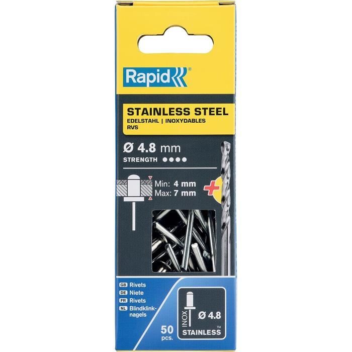 RAPID, 5000396, Rivets Acier Inoxydable, ø 4,8 x 10 mm, 50 Pièces ...