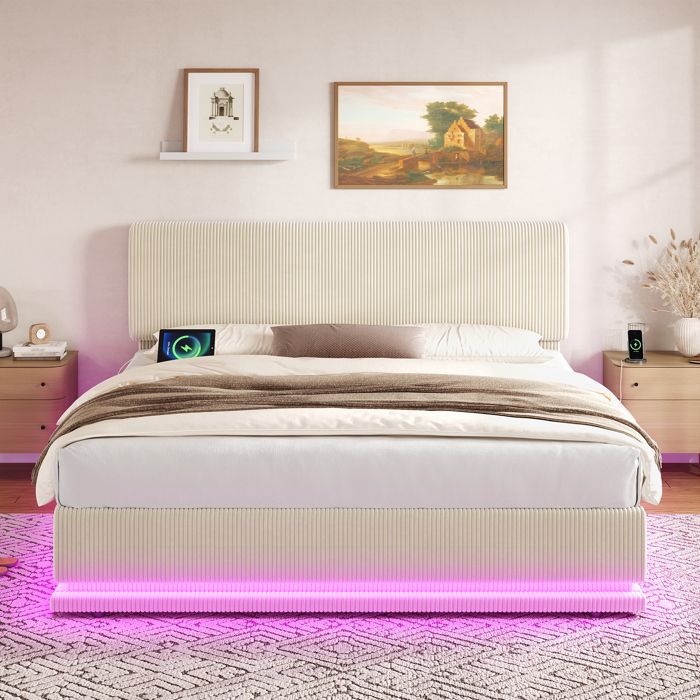Lit coffre 180x200 cm beige en tissu côtelé, LED, USB-C, tête de lit ...