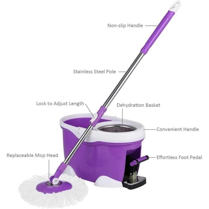 Serpillère Balai Balais à franges et seaux magique au sol mains libres 360 ° à roulement rotatif ...