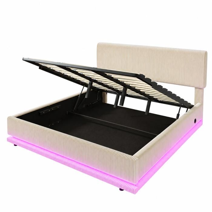 Lit coffre 180x200 cm beige en tissu côtelé, LED, USB-C, tête de lit ...