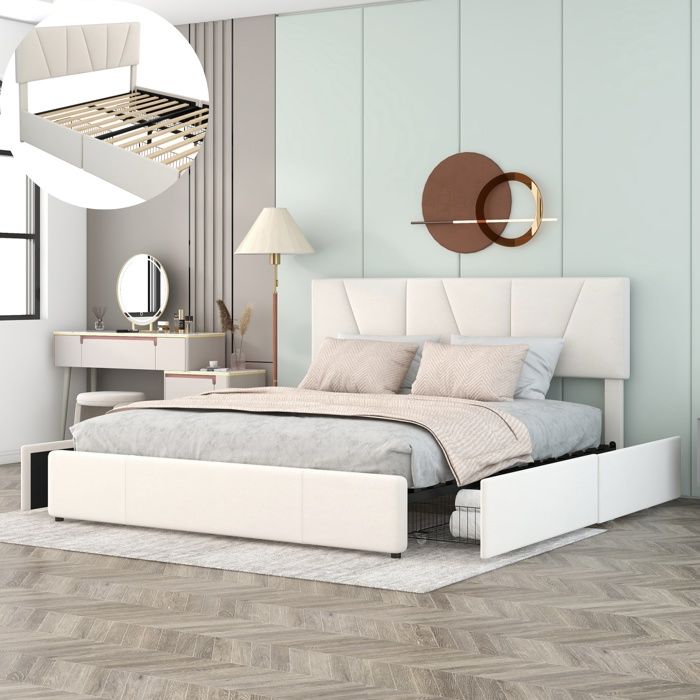 Lit double capitonné - LEWW - 160 x 200 cm - Avec 4 tiroirs et sommier ...