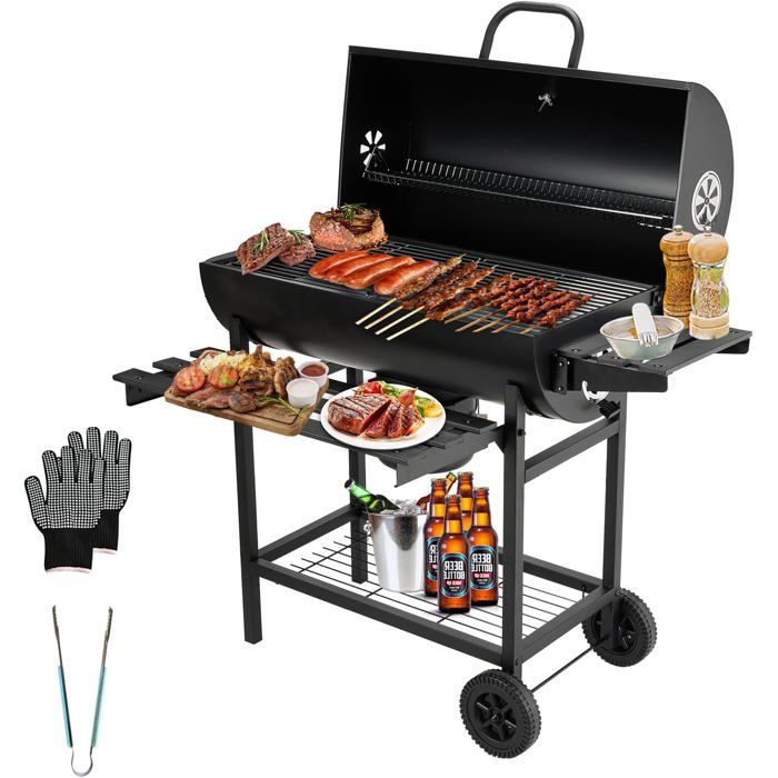 TEENO Wood Barbecue Trolley, XXL Charcoal Grill with Lid, Thermometer ...