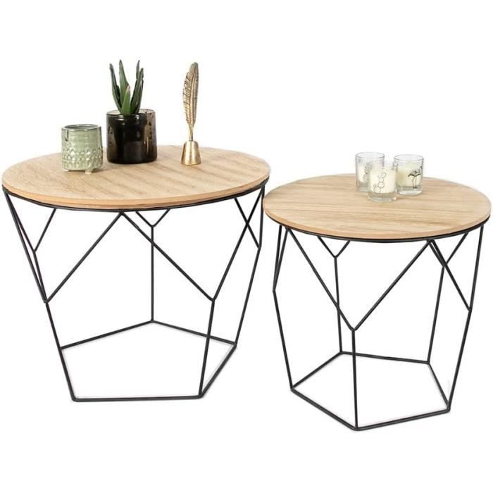 Table Gigogne Bois et Metal Ronde, Table Basse Design Bois en Lot de 2 ...