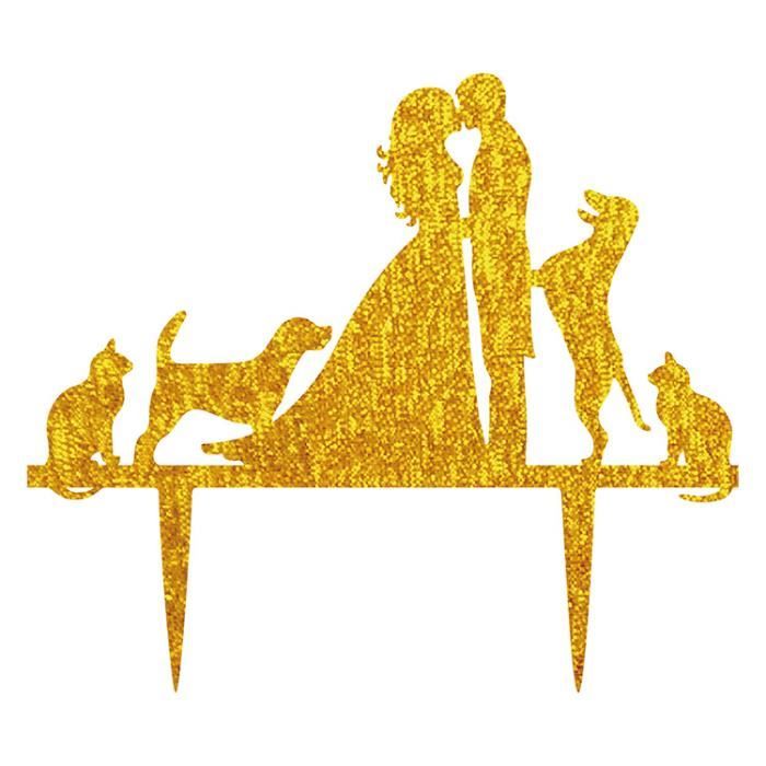 FIGURINE DECOR DE GATEAU,gold--Drapeau de marié avec chien et chat ...