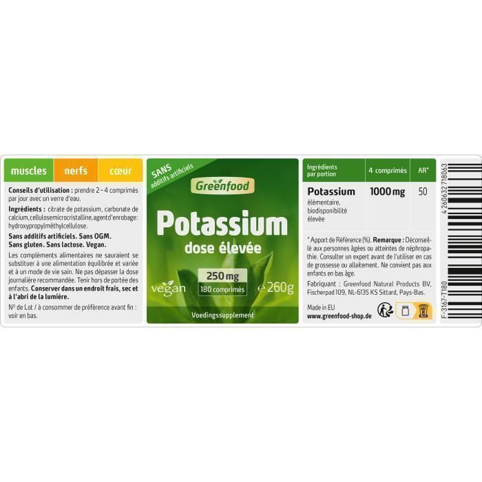 Greenfood Potassium, 250 mg, 180 comprimés. Vegetarians. - Cdiscount ...