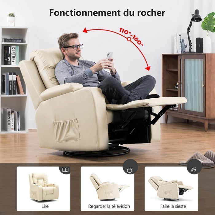 Fauteuil Relaxant Massant Chauffant Pivotant En Cuir Blanc Comhoma