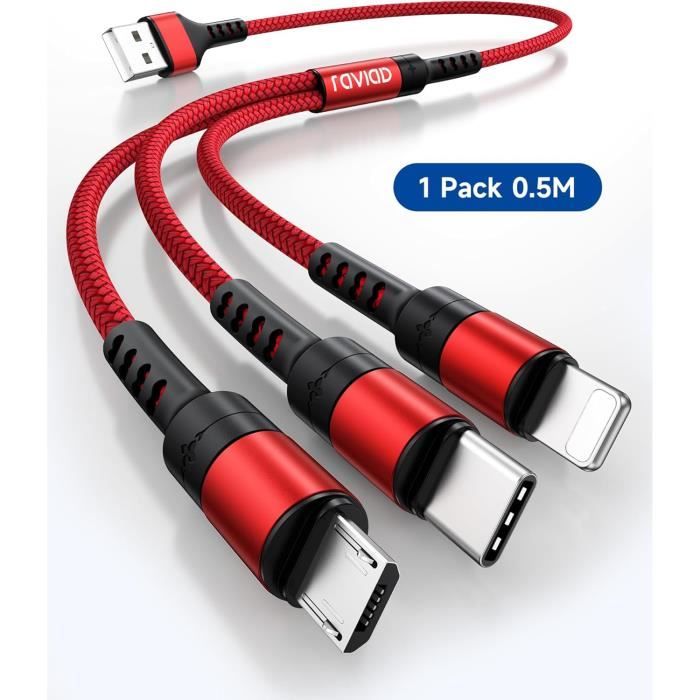 Câble Chargeur Multi Embout Court [50CM], 3 en 1 Câble Universel Cable ...
