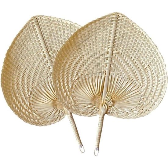 Lot de 2 éventails à main en bambou et rotin naturel - Motif feuilles ...