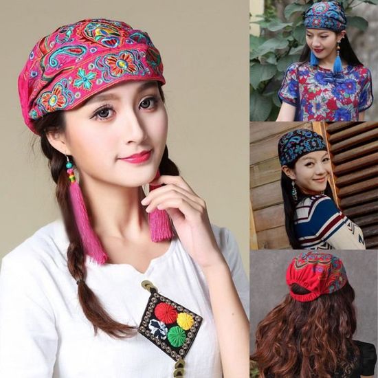 Femmes ethnique style vintage Chinois broderie Fleurs Bandanas Turban ...