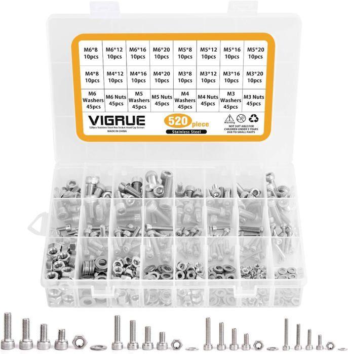 Kit 520 pièces M3 M4 M5 M6 en acier inoxydable à tête hexagonale à tête creuse Boulons de câble ...