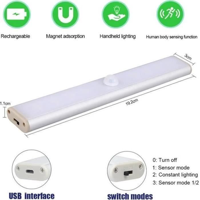 Veilleuse LED Automatique 24 LED Lampe Nuit Placard Rechargeable USB ...