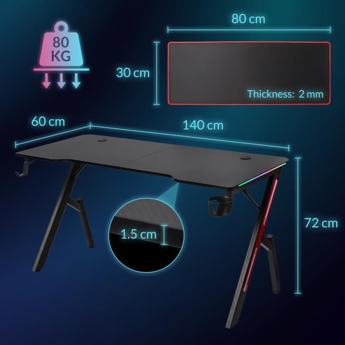 Bureau Gaming RGB 140 x 60cm, Grande Bureau Gamer avec Un Plateau en ...