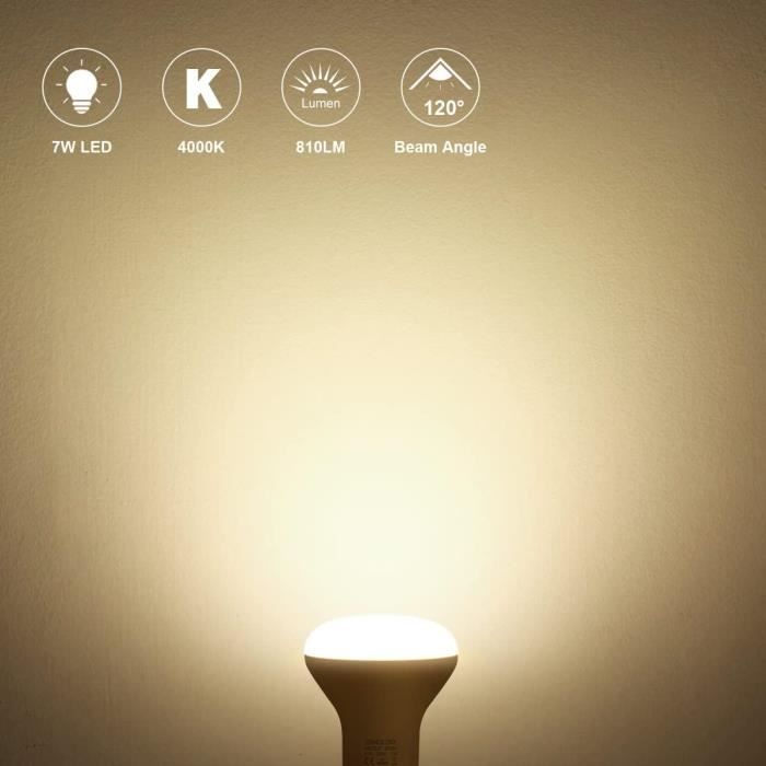 Ampoule Spot Led E27 R63 7W Blanc Naturel 4000K, 810Lm, Équivalent Lampe Halogène E27 60W, Led ...