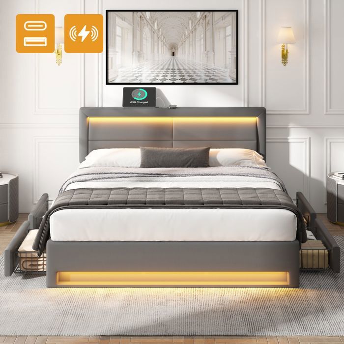 Lit rembourré 140 x 200 cm,avec port USB (supporte la charge sans fil ...