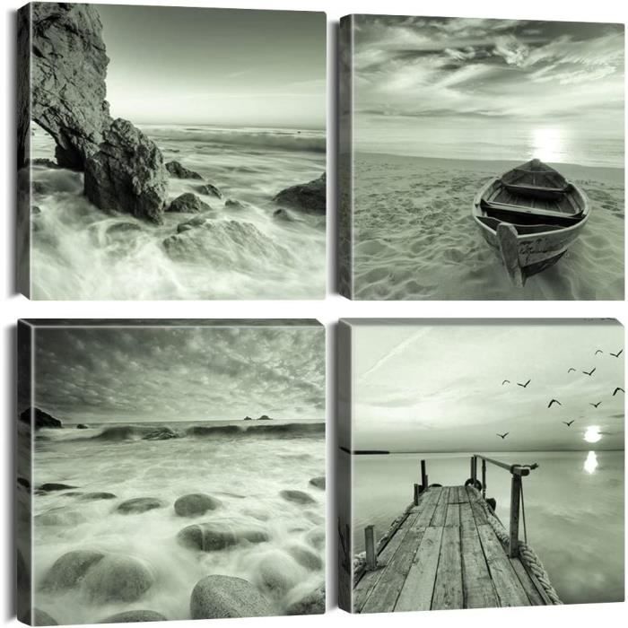 4 Parties Impression sur Toile - Paysage de Bord de Mer Gris Impression ...