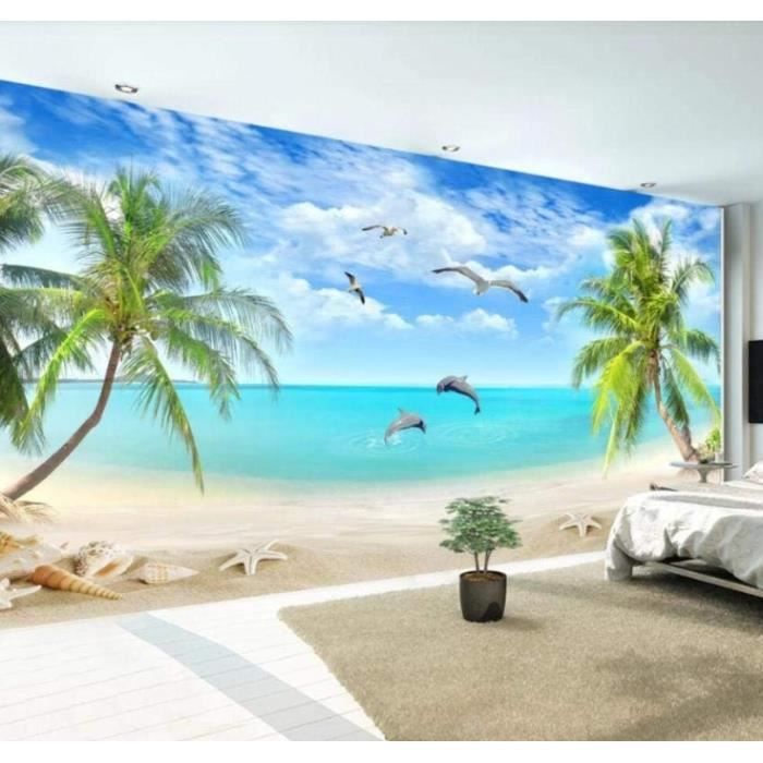 Papier Peint Panoramique 3D Intissé Cocotier Vert Amour Mer Plage Salon ...