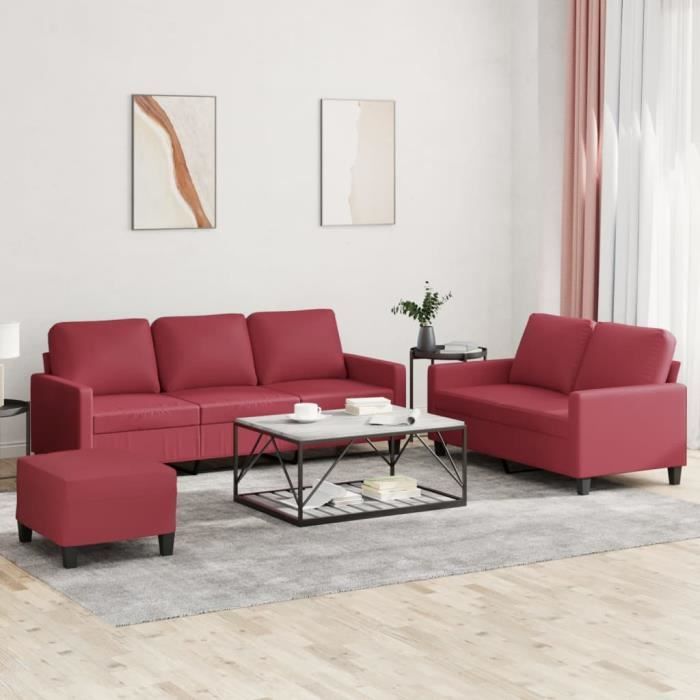 ABIL Ensemble de canapés 3 pcs et coussins Rouge bordeaux Similicuir ...