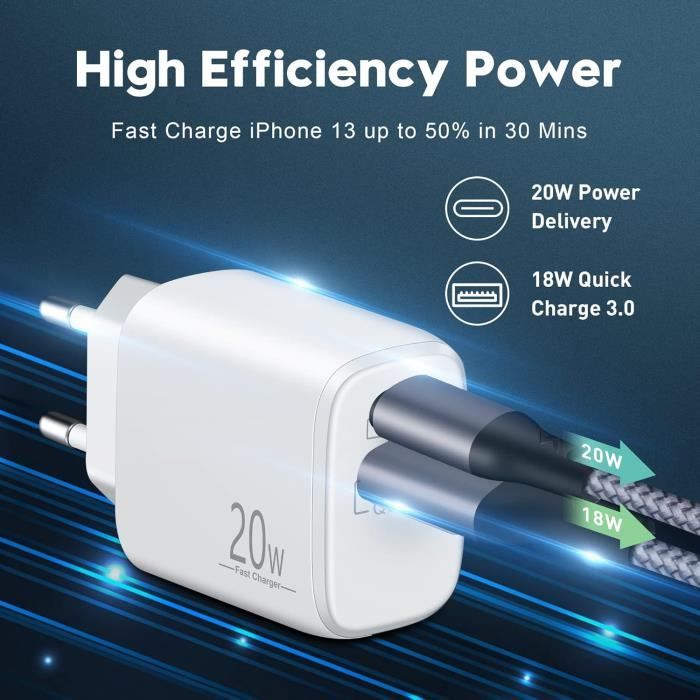 Chargeur iPhone 20W et 2X Câble 2m, Adaptateur Secteur 2 Ports avec ...