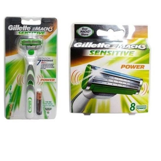 Gillette MACH3 SENSITIVE POWER SHAVING RAZOR with 8 Cartridge /GENUINE ...
