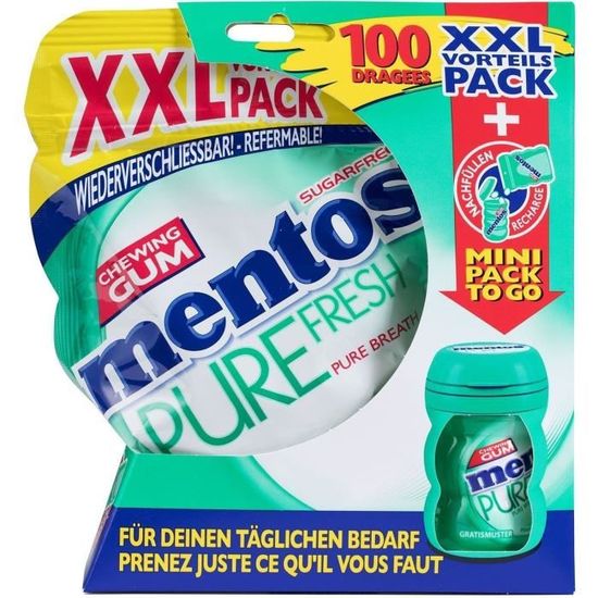 MENTOS GUM PURE FRESH Pochon de 100 dragées sans sucres + bottle nano ...