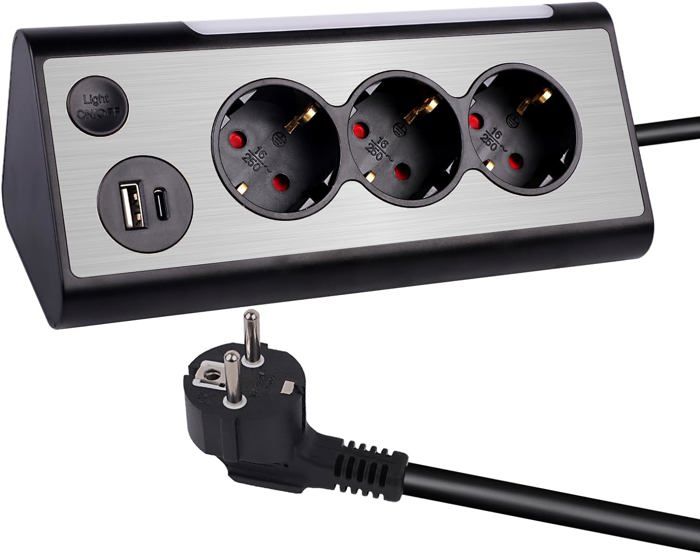 Noir Multiprise multiprise 3 Prises Noire avec USB A et Type C (Max 5V ...