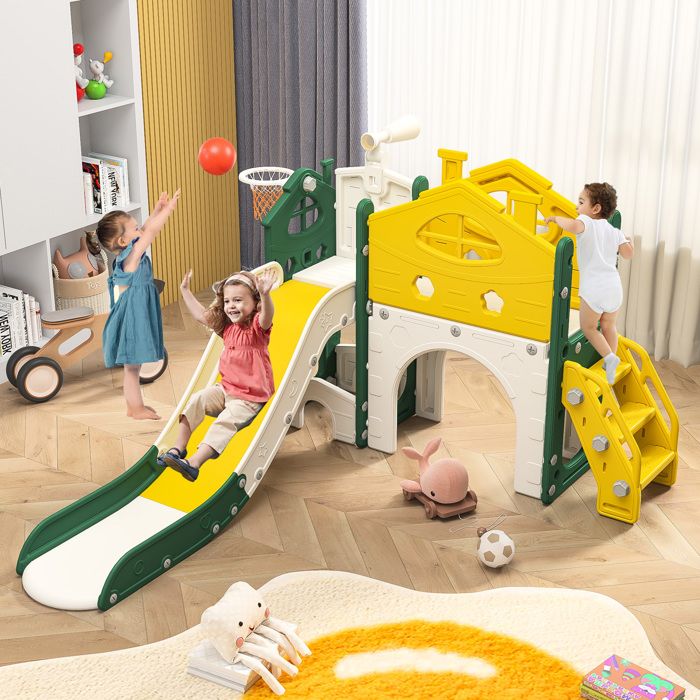 Toboggan pour enfants 6 en 1, escalade, jeu de forage, panier de basket-ball, aire de jeux d ...