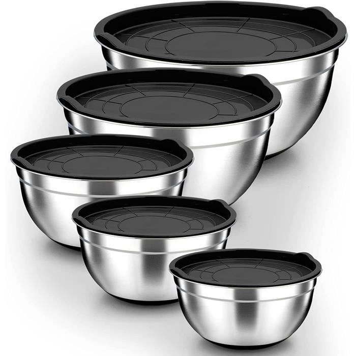 Lot de 5 saladiers mélangeurs en acier inoxydable avec couvercle noir et fond en silicone ...