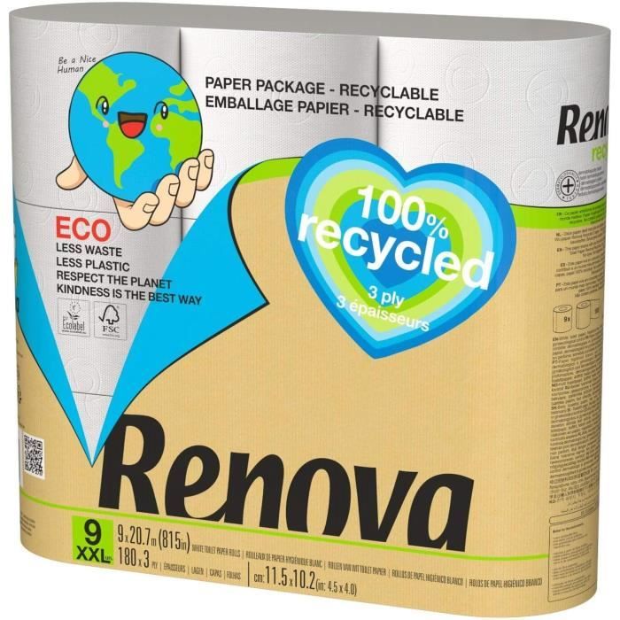Renova Lot de 9 papiers hygiéniques 100% Recycled Paper 921 g41 ...