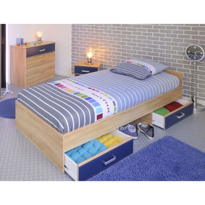 LEO Lit enfant avec tiroirs 90x200cm chêne et bleu - Cdiscount Maison