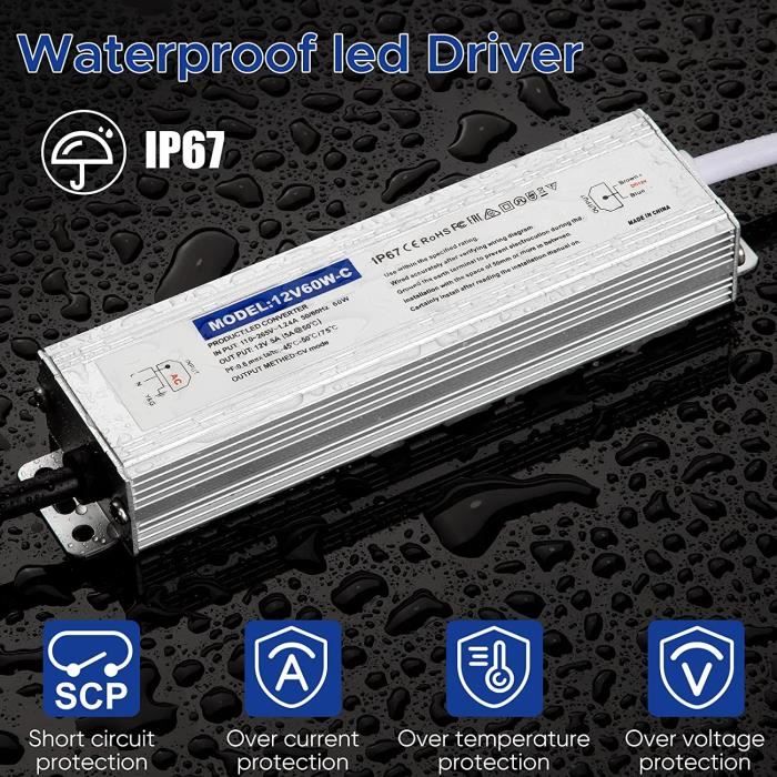 Ip67 Étanche Transformateur 220V 12V Led Driver 60W Dc Alimentation 12V 5A Transfo Pour L ...
