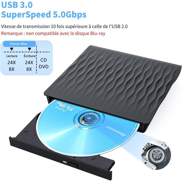 Lecteur CD/DVD externe USB - DEBSY - USB 3.0 & Type-C - Plug & Play ...