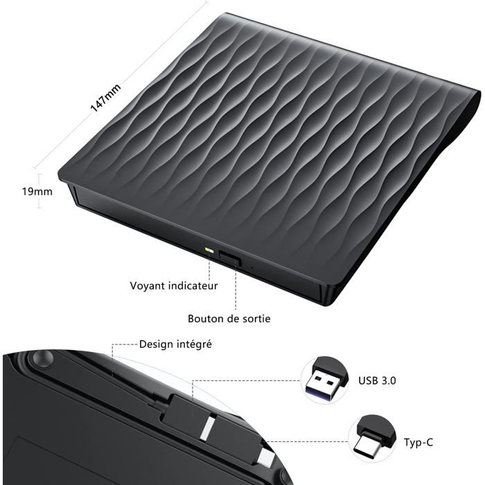 Lecteur CD/DVD externe USB - DEBSY - USB 3.0 & Type-C - Plug & Play ...