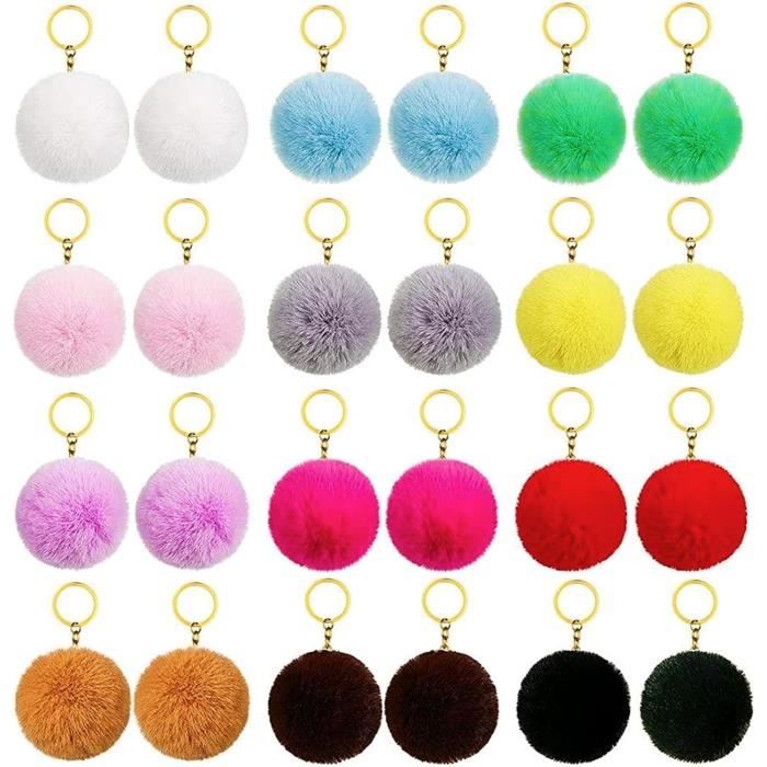 24pcs Pompon Porte Clef 8cm Pompons Peluche Fourrure Lapin Fausse Avec