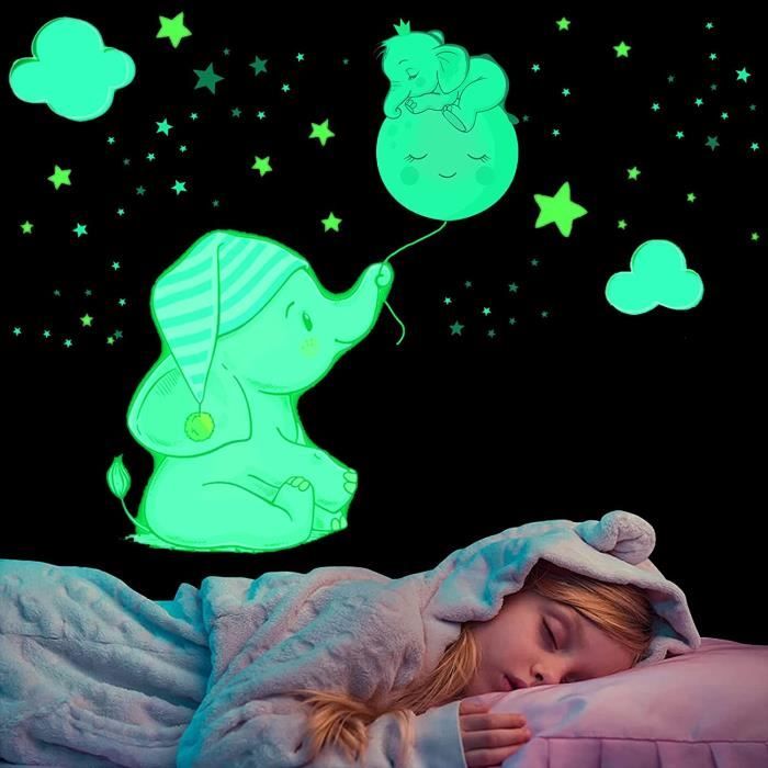 Stickers Mural Éléphant Lumineux, Autocollant Mural Lune Étoile ...