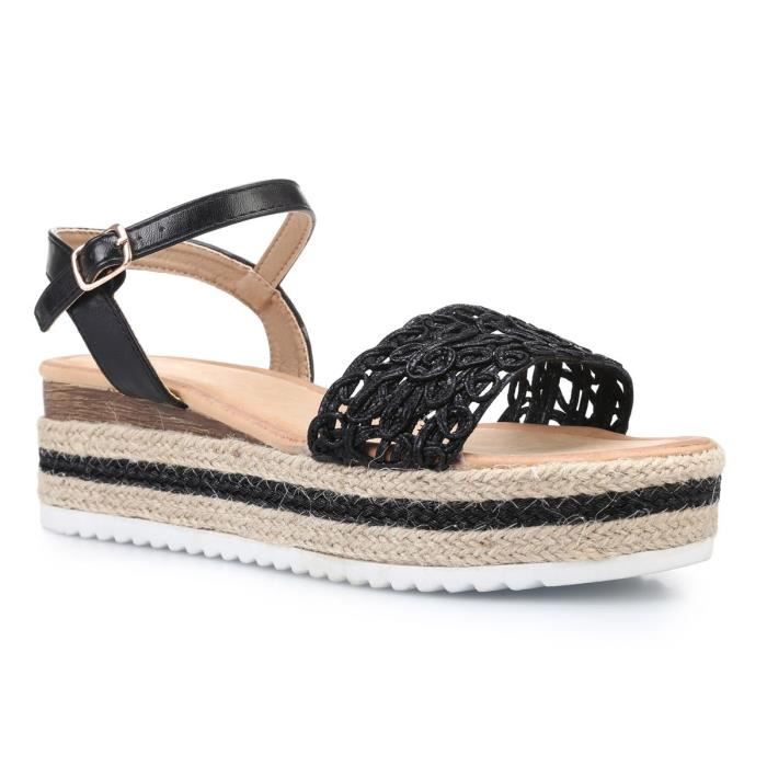 Sandales à bride fantaisie noire et plateforme tressée Noir - Cdiscount ...