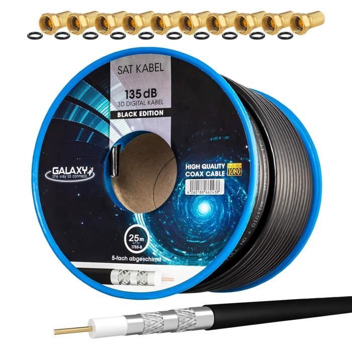 Set 25M De Câble Coaxial Sat 135Db Noir + 10X F-Plug Plaqué Or | Ccs ...