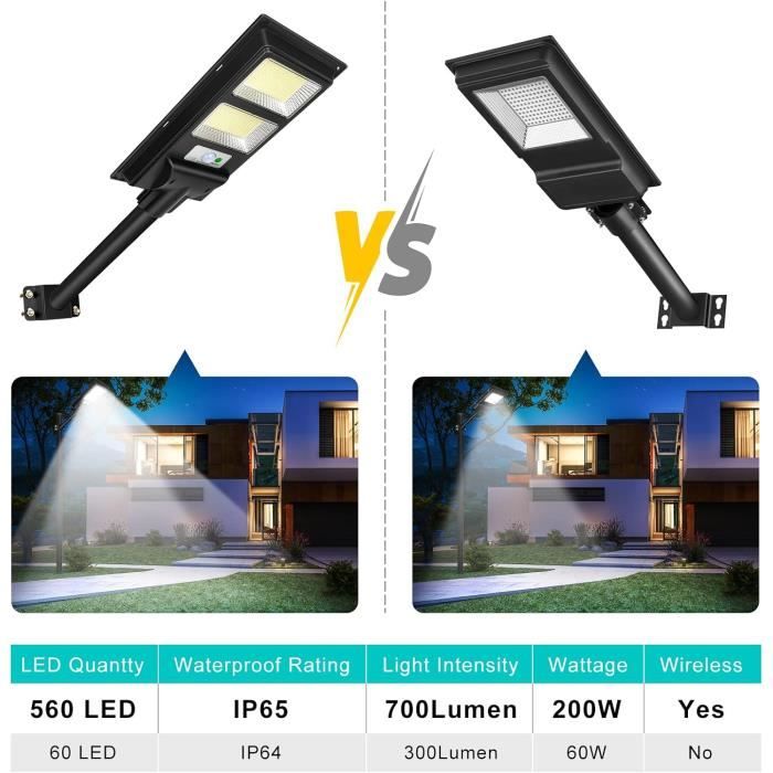 Wstan 200W Réverbère Lampadaire Solaire Exterieur, 560 LEDs Lampadaire ...