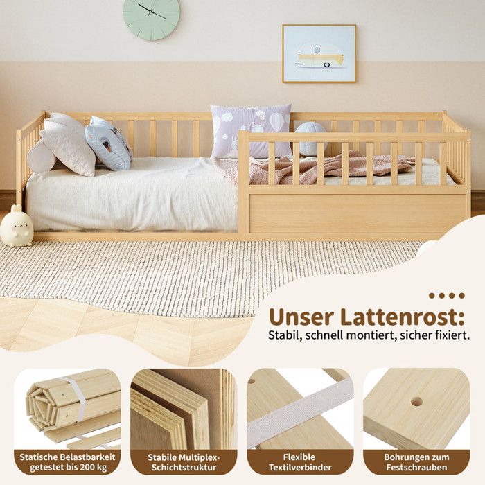Lit de sol Montessori 90x200cm bois pin massif, lit simple avec ...