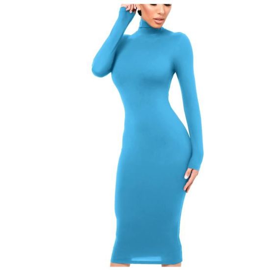 Mode féminine Slim col haut Robe longue à manches longues Robe de ...