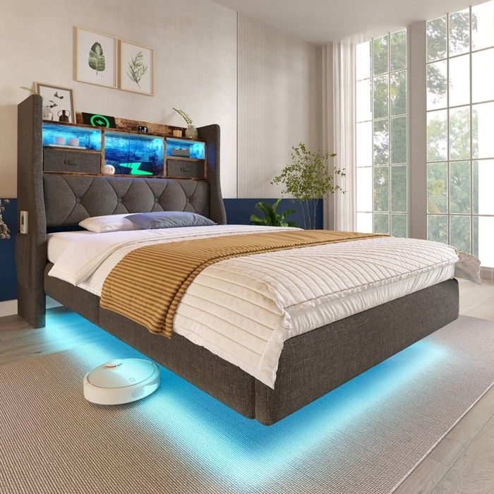 Lit simple lin gris 90x200cm flottant LED tête 1C 3USB rangement lattes ...