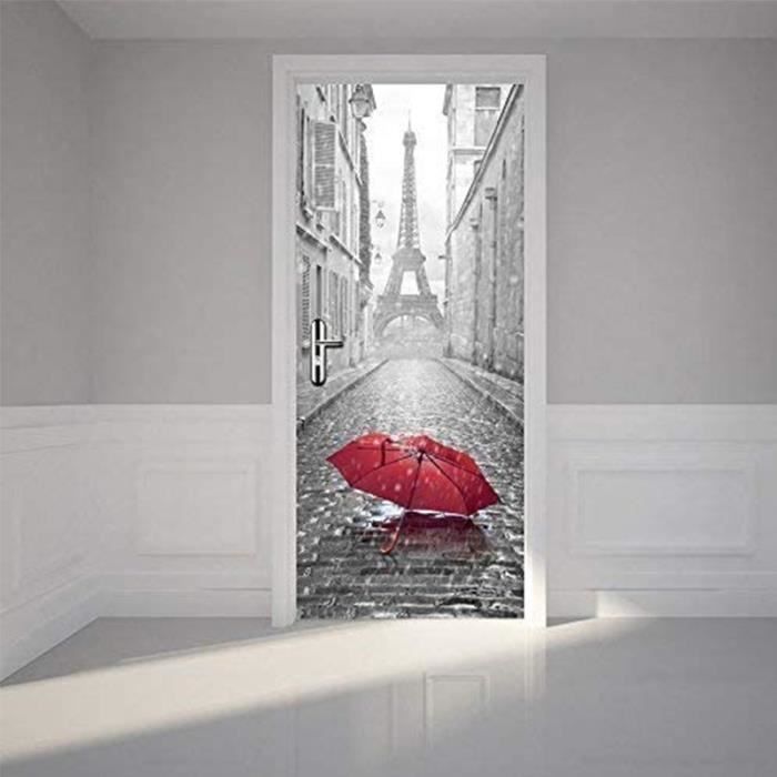 Sticker de Porte, Sticker Mural 3D Chambre Salon Pagode Parapluie Rouge ...